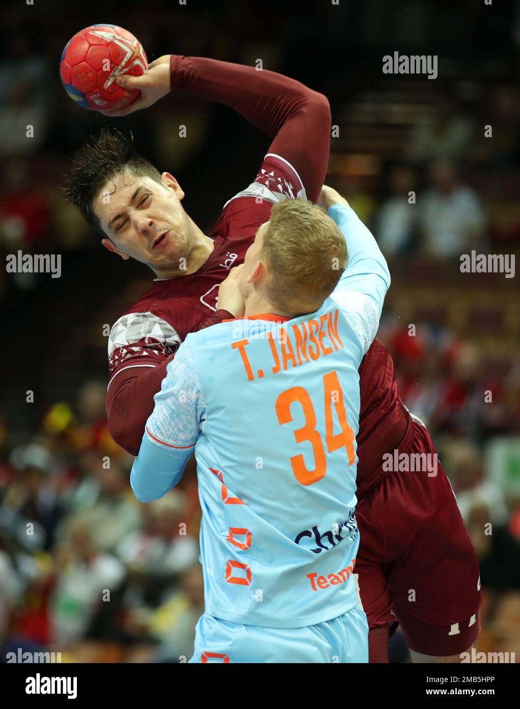 Jovan Gacevic of Qatar, Tom Jansen of Netherlands Qatar vs Netherlands 28th IHF Men`s Handball ...